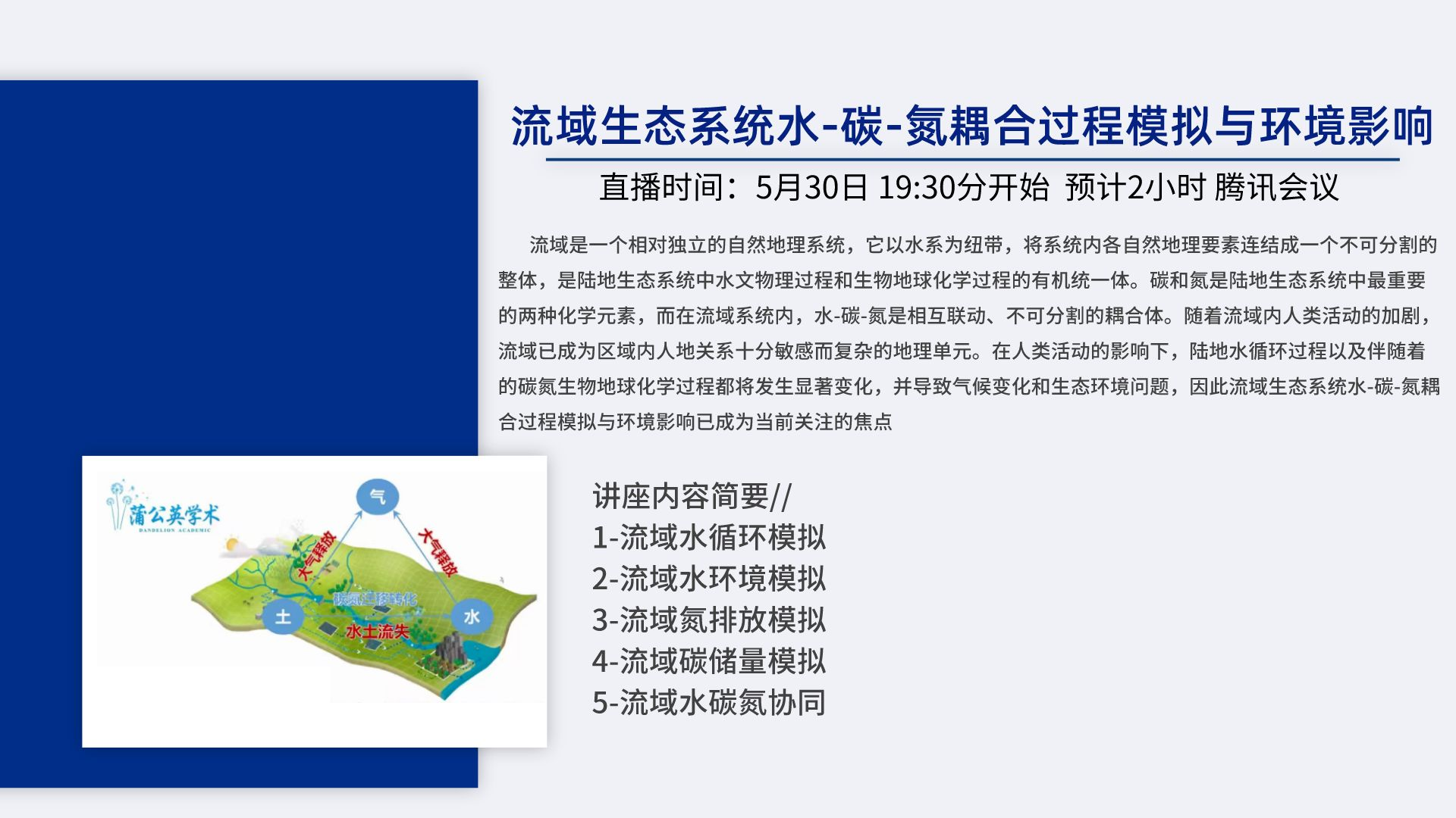 蒲公英学术讲座：流域生态系统水 碳 氮耦合过程模拟与环境影响 Ai尚研修